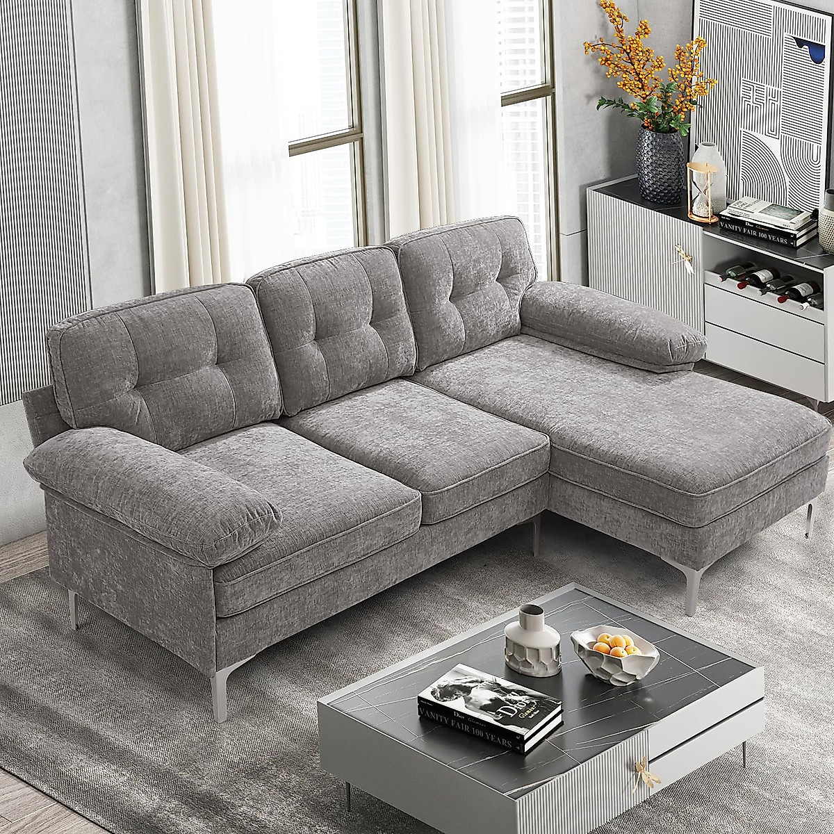 KIMOHOME 81" Convertible Sectional Sofa Couch, Chenille L-Shape Sofa Couch with Wide Chaise Lounge for Living Room, Small Couches for Small Spaces(Light (Light Grey)
