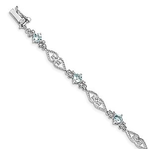 Solid 925 Sterling Silver Diamond Simulated Aquamarine Blue March Simulated Birthstone Tennis Bracelet 7.5" (.01 cttw.)