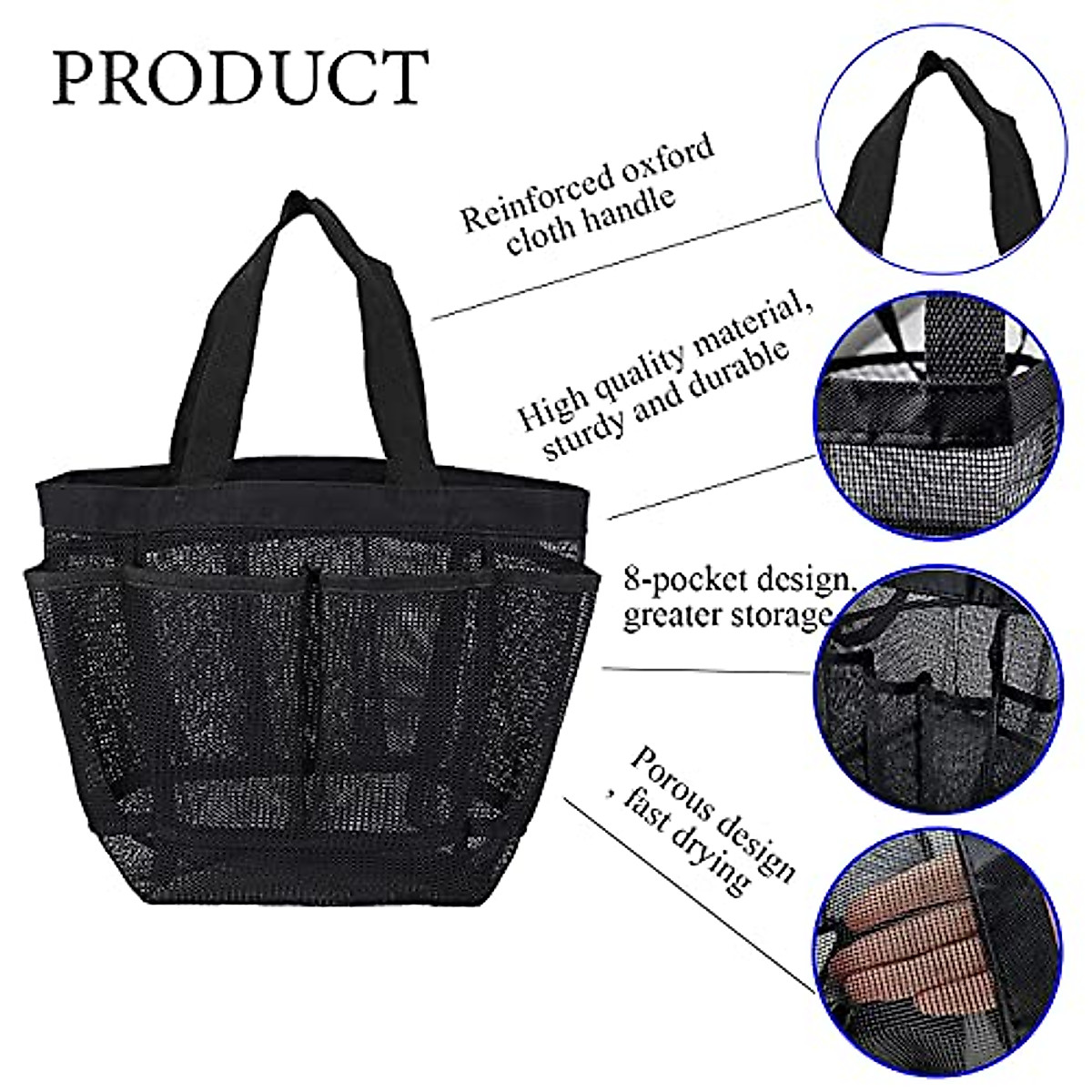 ZKSM Mesh Shower Caddy, Portable Shower Basket Dorm with 9 Pockets, Quick Dry Hanging Shower Bag, Essential Toiletry Storage Bag for Student Dormitory, gym, travel or camping (Black)