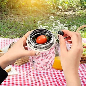 JUNZAN Palm Pink Black Kids Womens Insulated Food Jar Container with Spoon 17oz/500ml Keep Warm Food Containers Stainless Steel Vacuum Leakproof Thermo Flask for Keep Warm Food