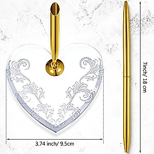 Outus 2 Pieces Acrylic Heart Pen Holder Signing Pen Set Hollow Round Pen Holder Stand for Wedding Bridal Engagement Guests Book Graduation Ceremony Valentine's Day Favor (Gold Heart Style)