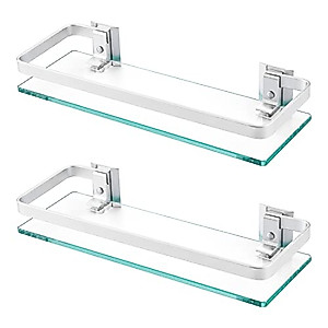 KES Bathroom Glass Shelf Aluminum Tempered Glass 8MM Extra Thick 2 Pack Rectangular 1 Tier Storage Organizer Wall Mount Silver, A4126A-P2