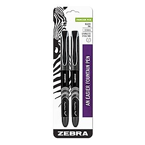 Zebra Pen Fountain Pen Set, Fine Point 0.6mm, Black Non-Toxic Ink, Stainless Steel Nib, Disposable, 2-Pack (48312)
