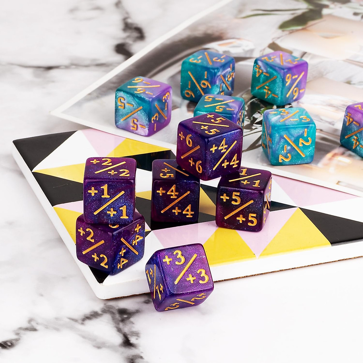 24 Pieces MTG Dice Counters Magic The Gathering Counter Status Tokens Starry Sky D6 Dice Set for MTG Cards Game Night Accessories(Turquoise&Lilac, Navy&Purple)