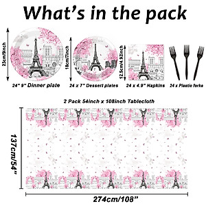 98 Pcs Paris Eiffel Tower Tableware Set Paris Eiffel Tower Party Plates Napkins Paris Table Cover Eiffel Tower Dinnerware for Kid Boy Girl Birthday Weddings Party Decorations Favors for 24 Guest