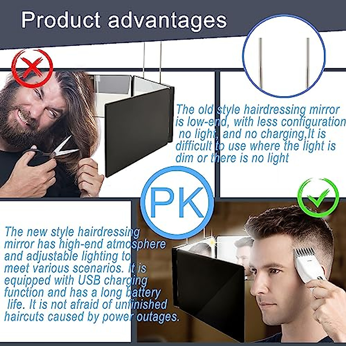 JANMPASK LED 3 Way Mirror for Self Cutting Mirror Vanity Mirror Barber Supplies Accessories 360 Makeup Mirror with Light Trifold Mirror to See Back of Head