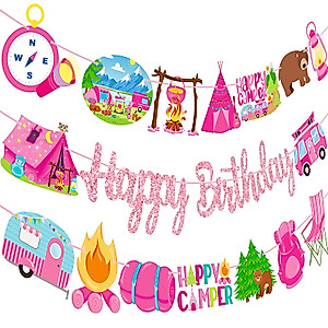 Happy Camper Birthday Party Banners Girls Camping Birthday Decorations 2PCS Happy Camper Party Decorations Camping Party Decoration for One Happy Camper Baby Shower Supplies