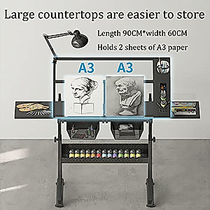 VejiA Drafting Table Art/Adjustable Glass Drawing Table with 2 Drawers, Art Desk Art Table with Storage, Student Desk Study Desk for Drawing, Painting, Writing and St