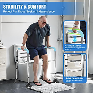 UGarden Upgraded Toilet Safety Rail, 380LB Stainless Steel Toilet Frame with Non-Slip Handles & Paper Holder, Adjustable Detachable Handicap Toilet Rails, Foldable Toilet Support Frame for Elderly
