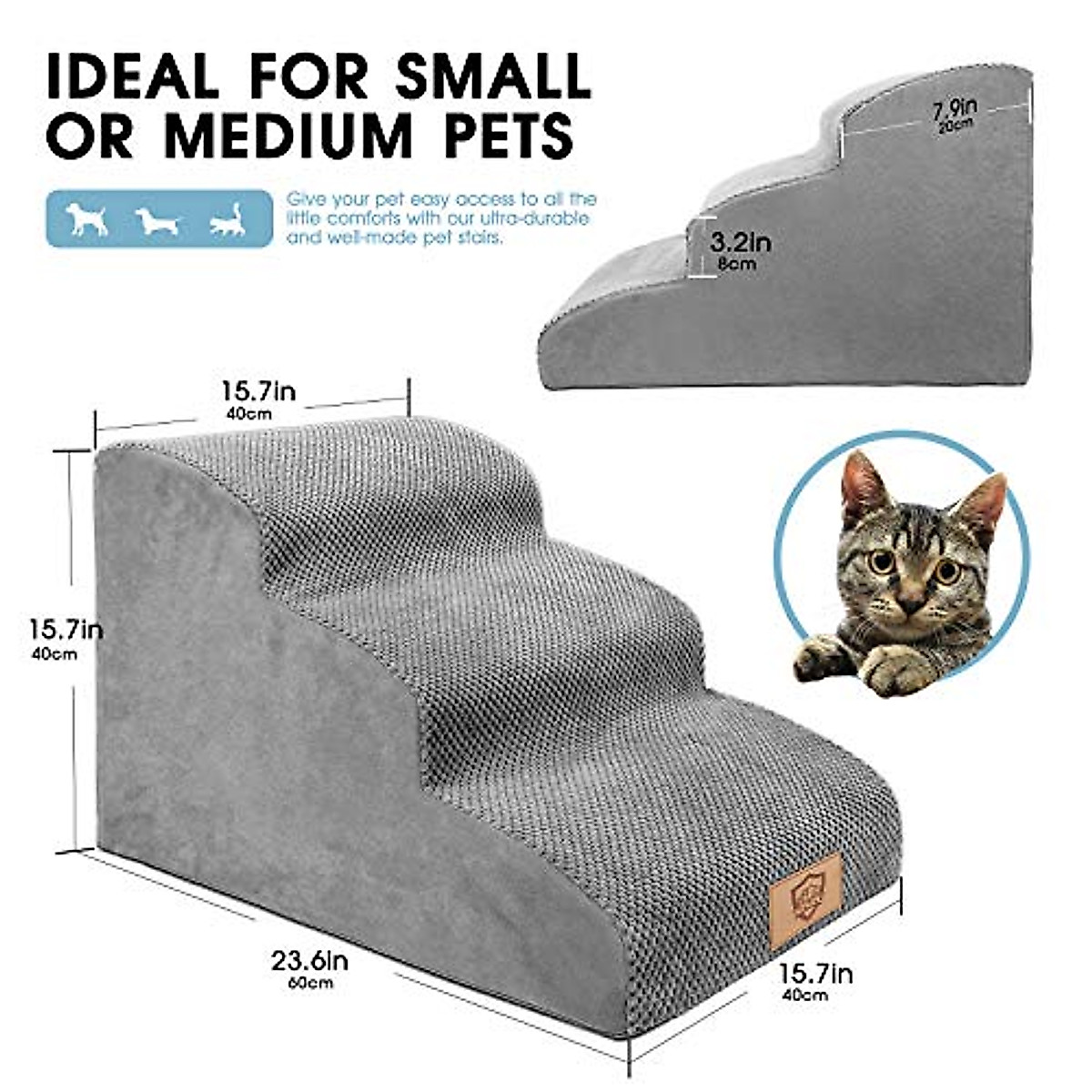 Topmart 3 Tiers Foam Dog Ramps/Steps,Non-Slip Dog Steps,Extra Wide Deep Dog Stairs,High Density Foam Pet Stairs/Ladder,Best for Older Dogs,Cats,Small Pets,with Pet Hair Remover Roller,Grey