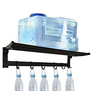 Towel Rack with Towel Bar for Bathroom Wall Mount,Foldable Toalla Holder with Hooks,Hotelier Rustproof Adjustable Bath Towels Shelf,No Drill,24 Inch Matte Black