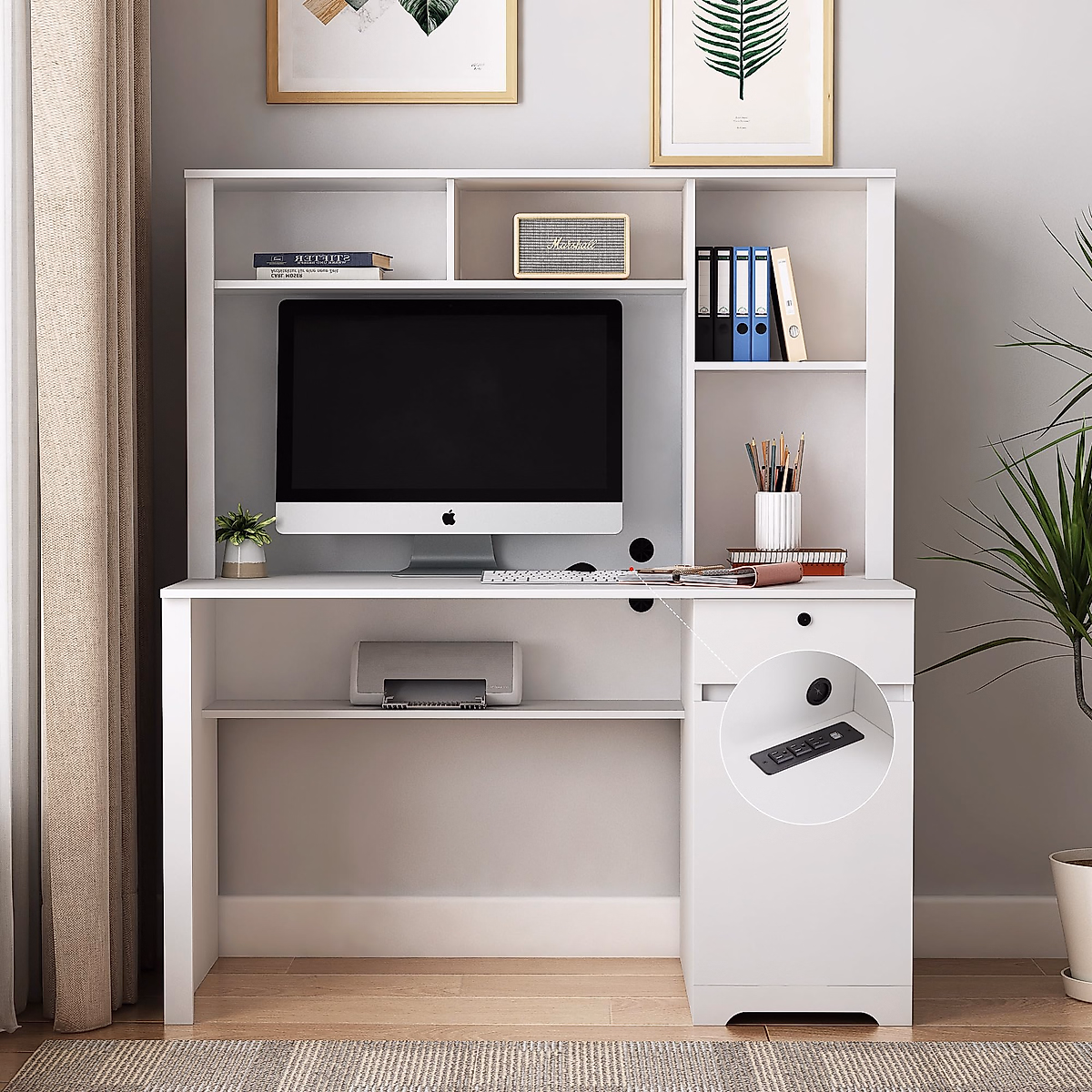LUSPAZ Wooden Computer Desk with Hutch & Bookshelf, Executive Design for Teens, Students, and Home Office,Includes Drawers, AC Outlets, and USB Ports, White