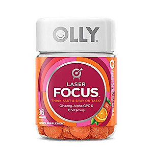 Olly Laser Focus Gummy 18 Day Supply Gummies Ginseng Alpha GPC B Vitamins Chewable Supplement, Berry Tangy Tangerine, 36 Count