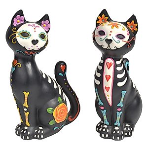 Newman House Studio Sugar-Skull Halloween-Decorations - Day-of Dead-Figurines Floral Cats Couple-Decor Dia de Los Muertos Black Kitten Collectibles Set of 2, 6.3L x 4.0W x 10.2H inch