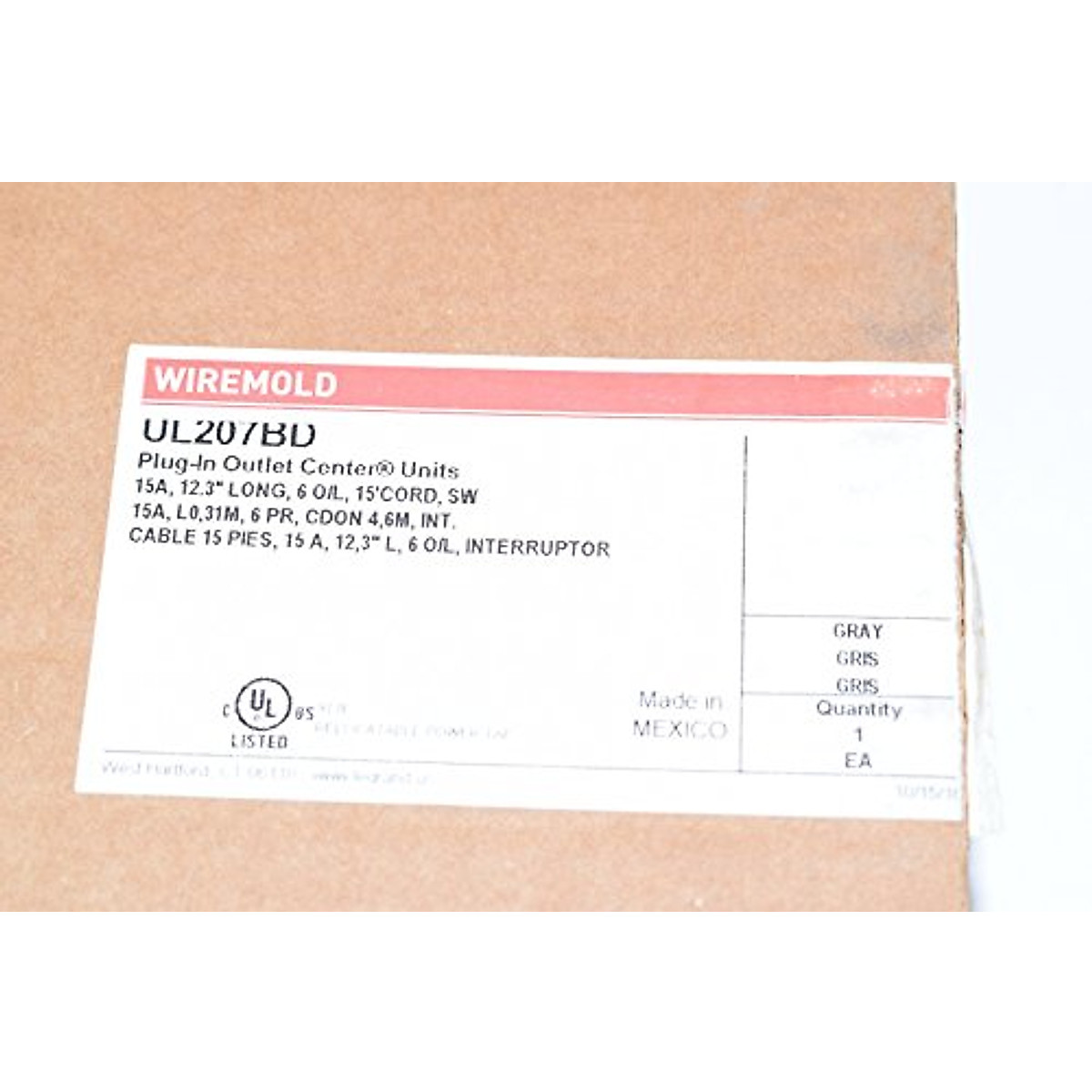 WIREMOLD UL207BD POWER OUTLET STRIP, 6 OUTLET, 15A