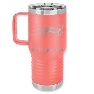 LaserGram 20oz Vacuum Insulated Travel Mug with Handle, Low Wing Airplane, Personalized Engraving Included (Coral)