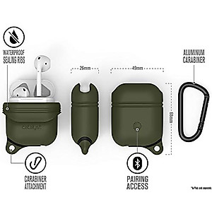 Waterproof Airpods Case 2 & 1 Cover by Catalyst, Shockproof and Drop Proof air pods Protective Cover Soft Skin, Carabiner, Silicone Sealing, Compatible Wireless Charging - Army Green