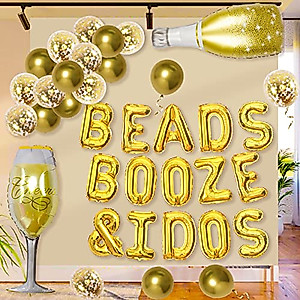 Mardi Gras Bachelorette Party Decoration Gold - Beads Booze and I Dos Balloon Banner for Fat Tuesday New Orleans Bridal Shower Nola Engagement Hen Party with Ring Champagne Bottle Glass Goblet Balloon