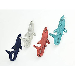 Set of 4 Cast Iron Coastal Shark Tail Wall Hooks Decorative Nautical Beach Bathroom Towel Or Coat Hanging Decor