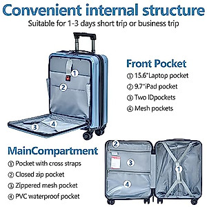 TydeCkare 20 Inch Carry On Luggage with Front Pocket, 21.65 * 15.35 * 7.87" Suitable for Airplane Overhead Bin, 34L PC+ABS Hardshell, Ice Blue
