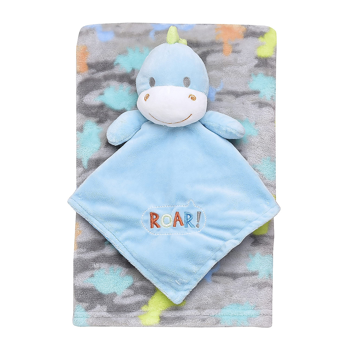 Baby Starters 2-Piece Snuggle Buddy Toy Rattle and Plush Baby Blanket Gift Set for Newborns and New Moms (Blue Camo, Dino, 30"x34")
