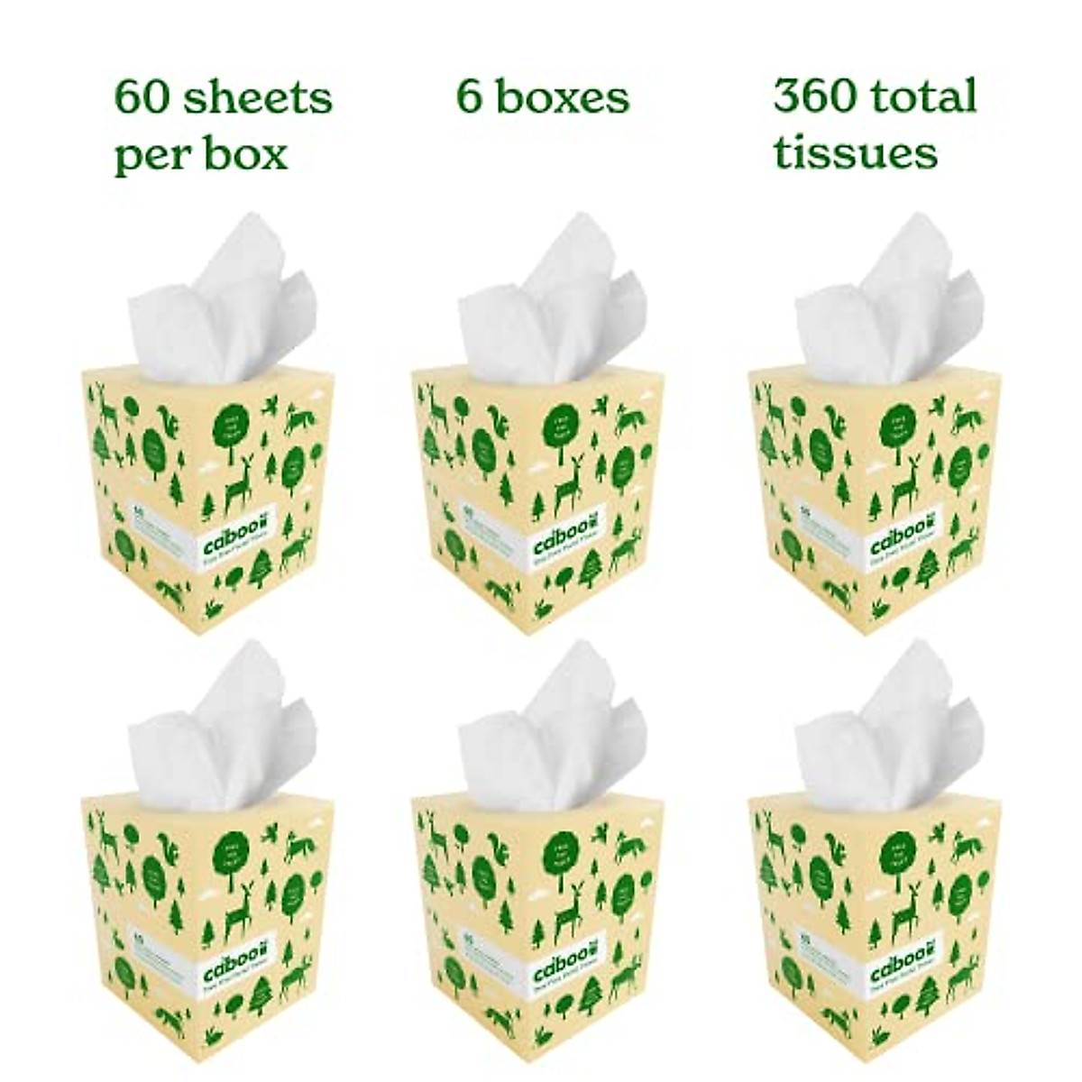 Caboo Tree Free Bamboo Facial Tissue Paper, Eco Friendly Hypoallergenic Tissue Box with 60 Sheets Per Cube, Total of 6 Cubes, 360 Total Tissues