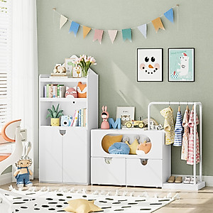 FACBOTALL Toy Storage Organizer with Clothes Rail, Combination Type Kids Bookshelf and Bookcase with Two Toy Box with Wheels, Toddler Bookshelf for Playroom, Bedroom, Nursery, Living Room, White