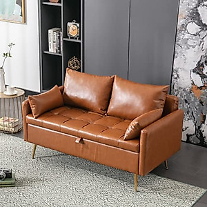 Ya-Home Modern Loveseat Sofa Comfy PU Leather with Armrest and Pillows, Upholstered Tufted Couch Love Seat Sofa with Storage Function for Living Room Office, Brown