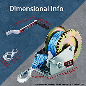 TYT 1200LB Boat Trailer Winch Strap Winch with Blue 26FT Rope, Hand Crank Winch with Hook, High Carbon Steel Dual Ratchet Gear Manual Winch for Towing Pulley Boat Trailer Truck RV Jet Ski Marine Winch