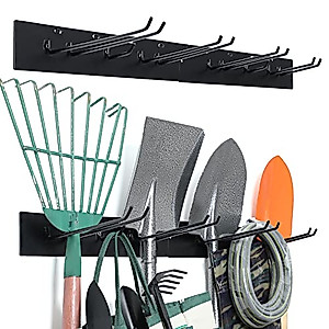 Iswabard Garage Tool Organizer Wall Mount, Set of 2, Garage Organization Heavy Duty Tools Steel Gear Hanger with 6 Hooks Storage Rack for Yard Tool Holders For Shovels, Hoses, and More, Black