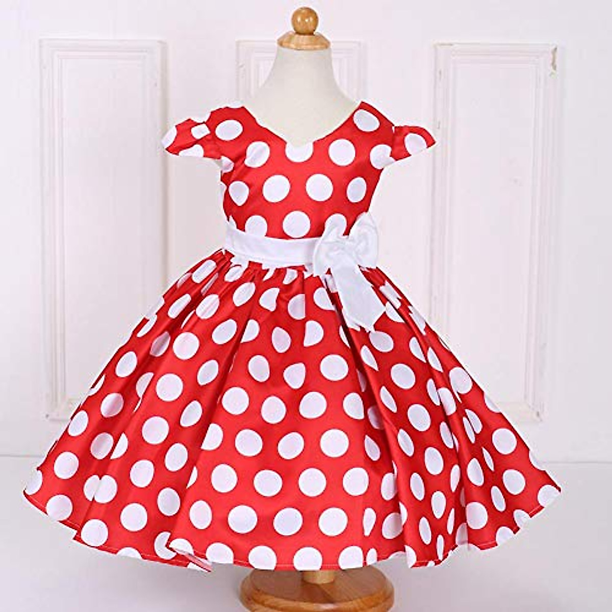FYMNSI Toddler Girls Polka Dots Princess Birthday Party Pageant Cap Sleeve Dress with Ear Headband Outfits Red 3-4 Years