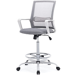 JHK Tall Drafting Home Office Computer Standing Desk Chair with Adjustable Foot Ring and Breathable Mesh, Ergonomic Lumbar Support Armrest, Grey