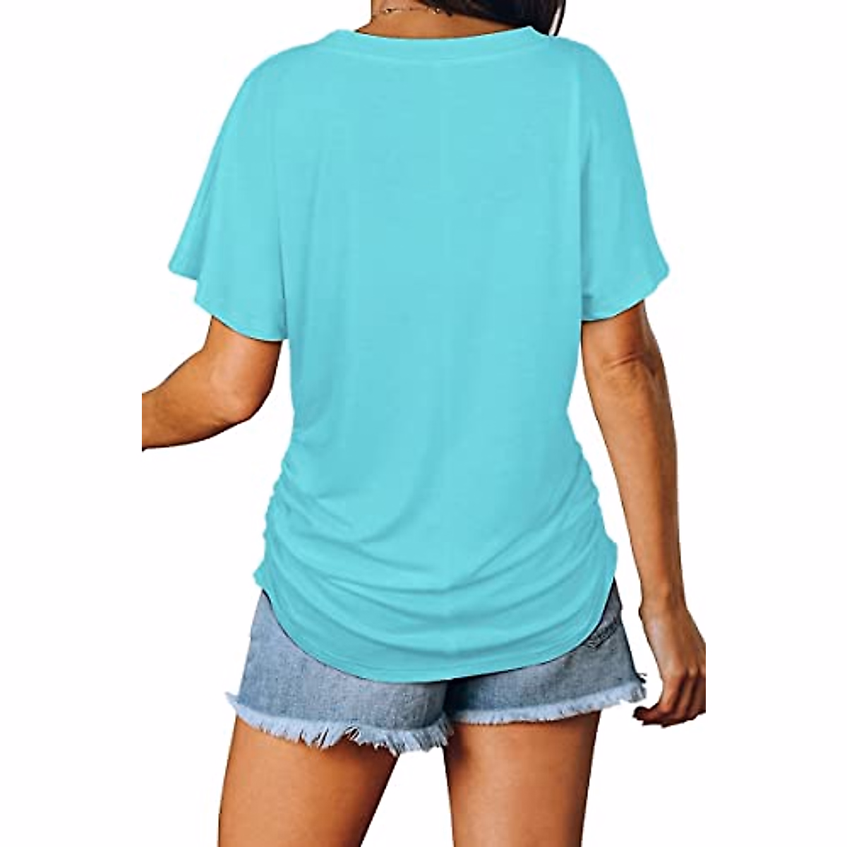 MYCOLORBLUE Women's V Neck T Shirts Short Sleeve Summer Casual Loose Dolman Tops with Side Shirring Aquamarine S