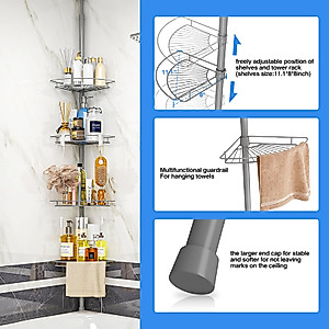 AIYAKA Tension Corner Shower Pole Caddy, Bathroom Storage Organizer, 65 to 106 inch Adjustable Height, with 2 Hooks, Silver