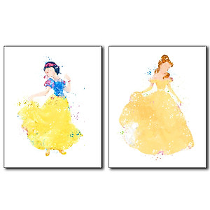 Princess Watercolor Prints - Set of 9 (8 inches x 10 inches) Photos - Rapunzel Ariel Aurora Elsa Anna Jasmine Cinderella Snow White Belle