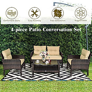 Tangkula 4 Piece Patio Furniture Set, Outdoor Wicker Conversation Set with Glass Top Coffee Table, All Weather Proof and Thick Cushions, Suitable for Porch, Garden, Poolside and Lawn (Brown)