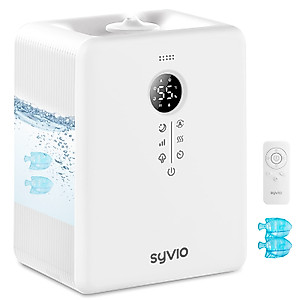 Cool and Warm Mist Humidifiers for Bedroom Large Room, Syvio 6L Top Fill Air Humidifiers for Baby, Plants, Whole House Quick Humidify up to 755 sq.ft, Remote Control, with 1 Fish-Filter, Milky White …