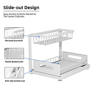 Lxmons 2-Tier Under Sink Slide Out Organizer, Pull Out Cabinet Storage Shelf with Sliding Storage Wire Basket Drawer for Bathroom Kitchen, Countertop or Pantry Storage shelf, White