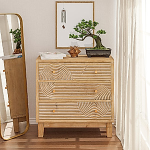 COZAYH 3-Drawer Farmhouse Dresser with Handicraft Wood Ring Motif, Set of 2 Fully Assembled Nightstand Wooden Finish for Boho, Mid-Century, Natural Wood, Rustic