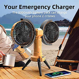 NIFBANG Double Head Camping Fan with LED Light,8000mAh Rechargeable Battery Powered Tripod Tent Fan,270° Oscillating Portable Fan 360° Rotation with Hook for Home,Outdoor,Bedroom,Canopy,Travel,Fishing