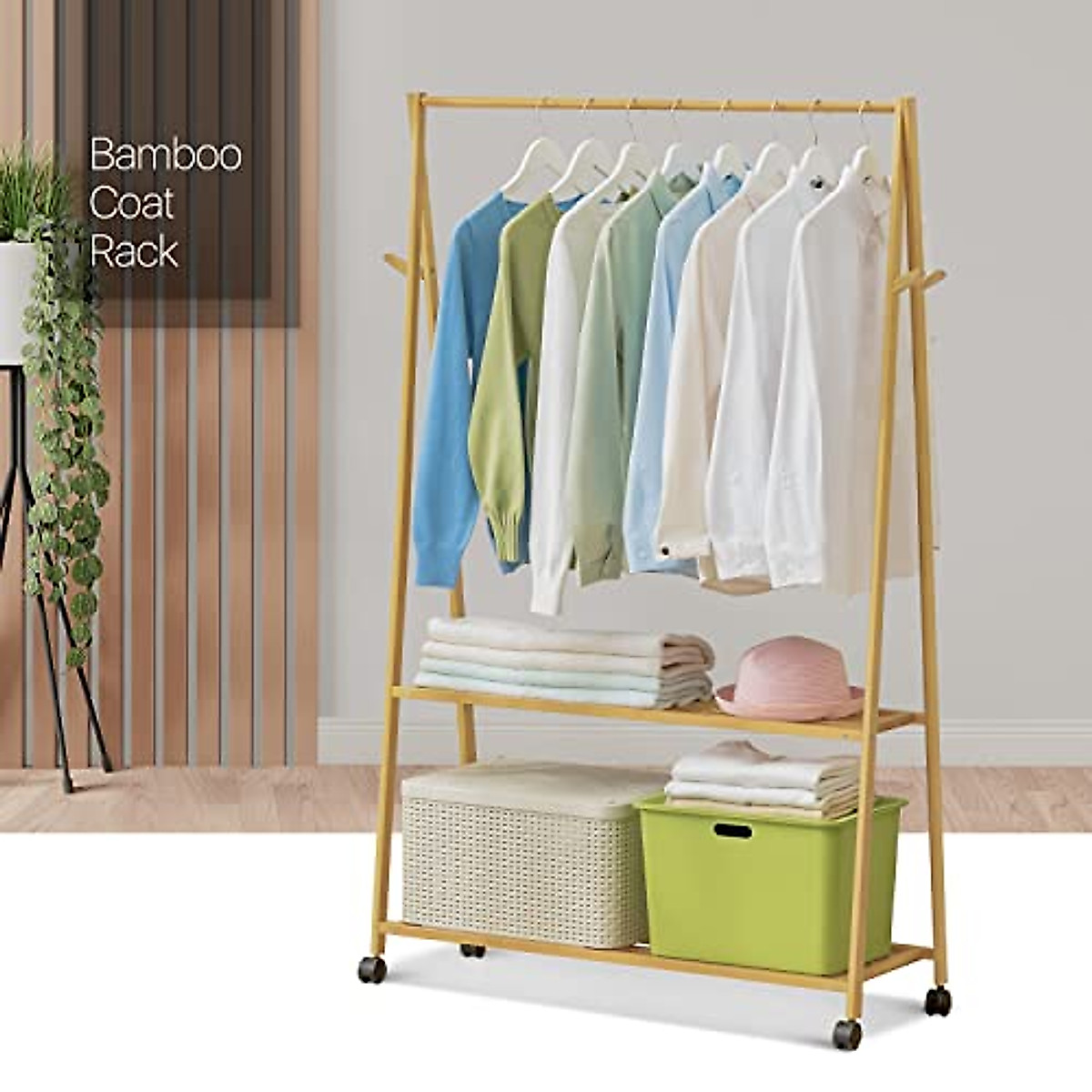 MoNiBloom Bamboo Garment Rack with Wheels Coat Rack Stand Clothes Rack with 2-Tier Storage Rack for Bedroom Living Room Entryway Home Office (Length 37.4", Natural)