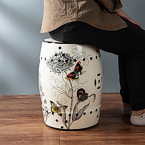 ANNESA Outdoor Butterfly Flower Ceramic Drum Stool, Garden Decoration Stool, Household Stool, Portable Table, Living Room Decoration, Used in Various Indoor and Outdoor Occasions