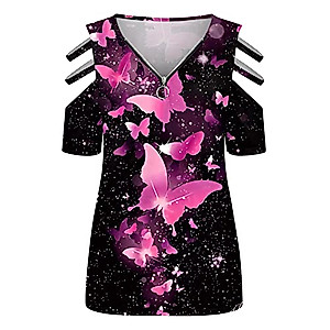 Womens Fashion Zipper Strapless Short Sleeve Butterfly Print T Shirt Short Sleeve
