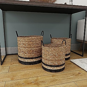 Deco 79 Seagrass Round Storage Basket with Handles, Set of 3 18", 17", 14"H, Black