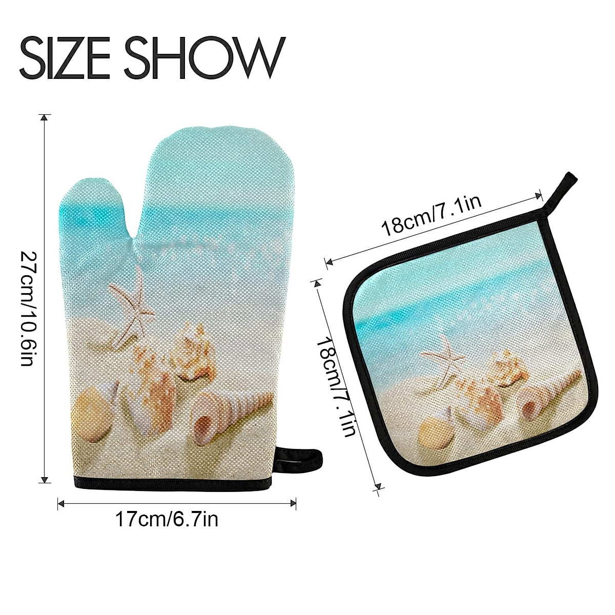 Conch Starfishs Seashells Sand Oven Mitts and Pot Holders Sets Summer Holiday Hot Pads Heat Resistant Cooking Gloves Handling Kitchen Cookware Bakeware BBQ