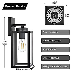 Outdoor Wall Light Fixtures, Exterior Waterproof Wall Lanterns, Porch Sconces Wall Mounted Lighting with E26 Sockets & Glass Shades, Modern Matte Black Wall Lamps for Patio Front Door Entryway, 2-Pack