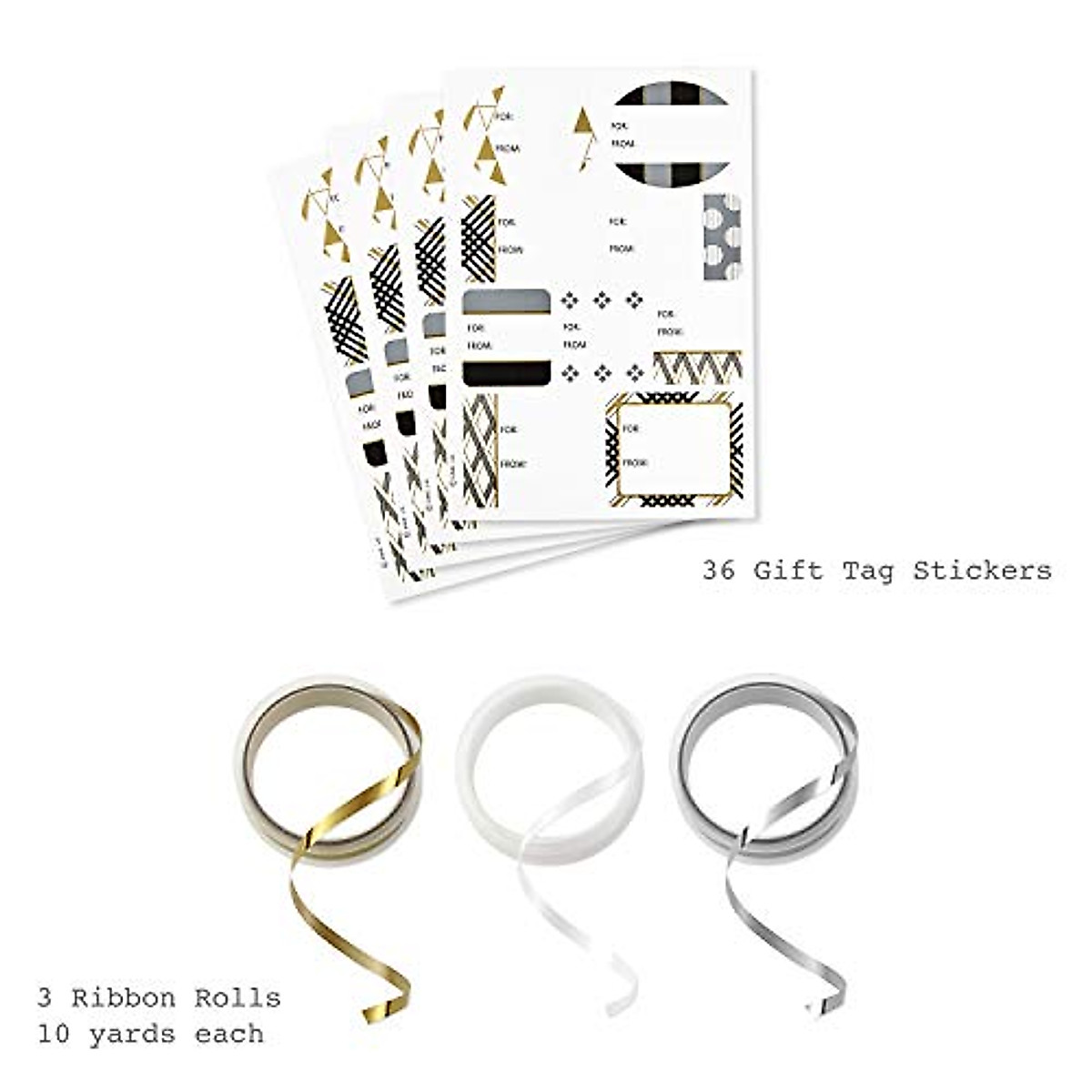 Hallmark Reversible Wrapping Paper Bundle with Ribbon & Gift Tag Stickers - Black, Gold Stripes, Plaid (3 Pack, 120 sq. ft. ttl, 30 Yds. Mini Ribbon, 36 Labels) for Graduations, Weddings, Christmas
