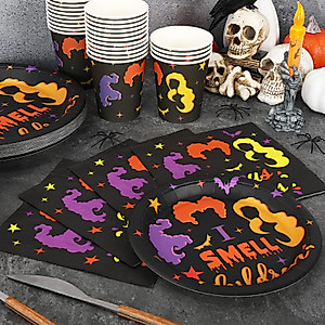 Whaline 100Pcs Halloween Tableware Set Hocus Pocus Disposable Dinnerware Set 50Pcs Paper Plates 25Pcs Napkin 25Pcs Cups for Halloween Party Witch Theme Party Supplies Table Decorations