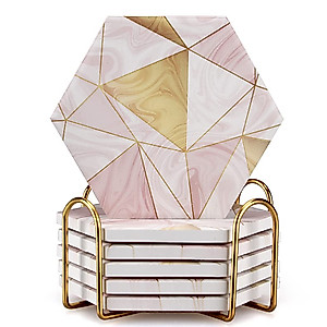 6 Pcs Pink Marble Coasters with Holder Gold Absorbent Drink Coasters Hexagon Cute Ceramic Table Coaster Set Decorative Bar Coasters Modern Coffee Cup Coasters