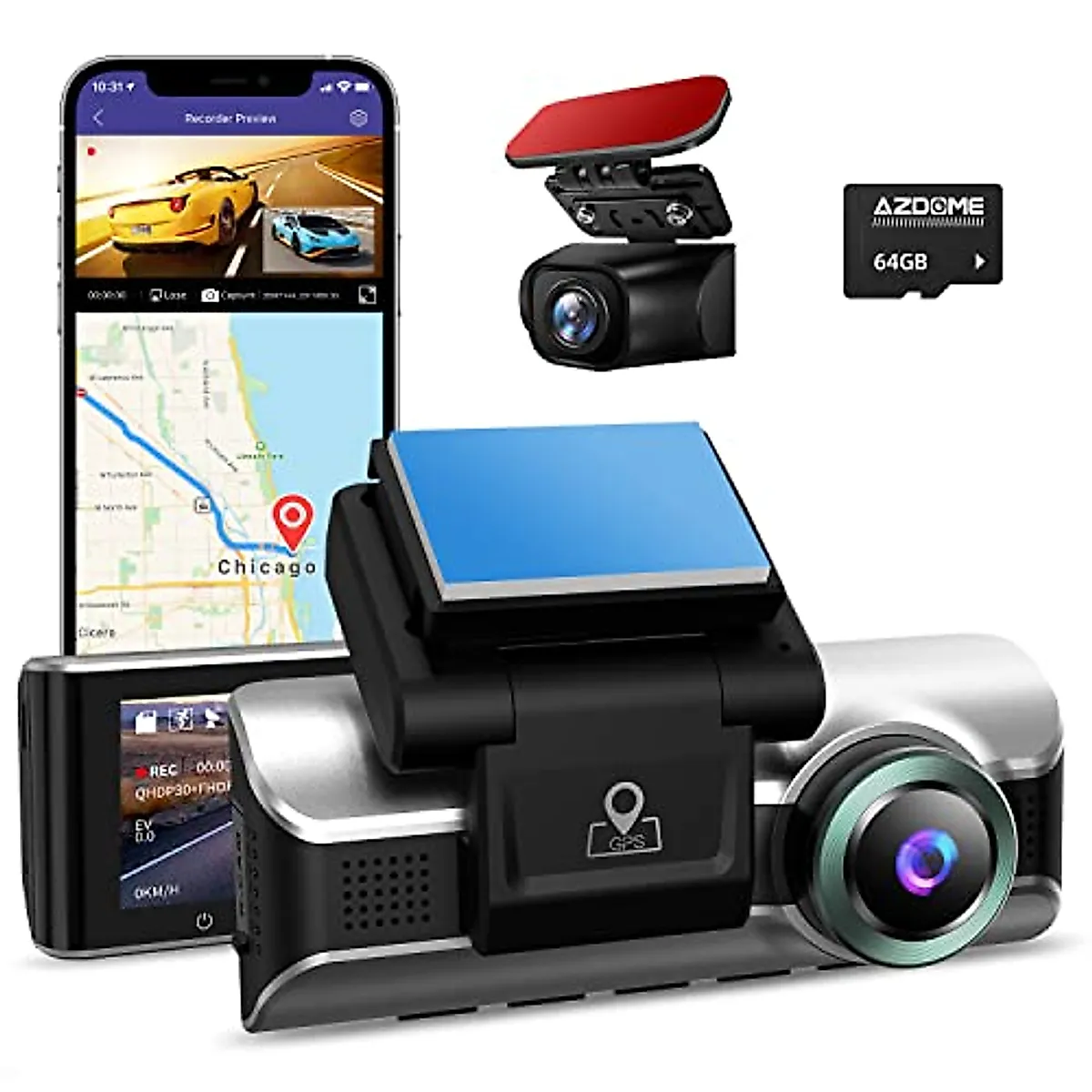 AZDOME 4K Dual Dash Cam, Built in WiFi GPS, with 64GB Card, Front 4K and Rear 1080P Car Dashboard Camera Recorder, 3.19" IPS, Night Vision, Capacitor, Parking Mode, Support 256GB Max M550-2CH